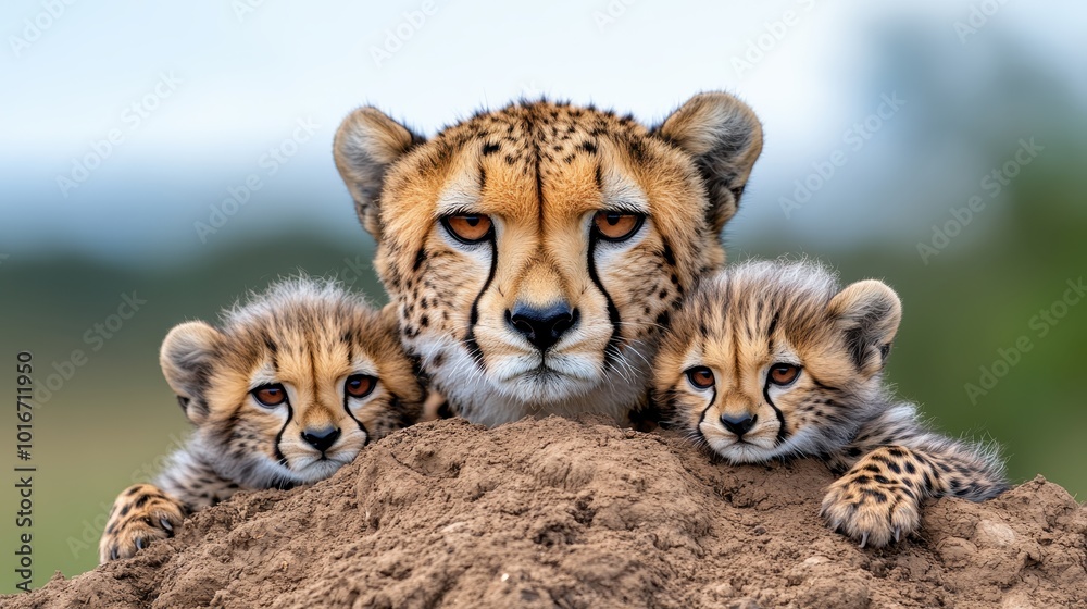 An alert cheetah mother and her two cubs peek over an earth mound ...