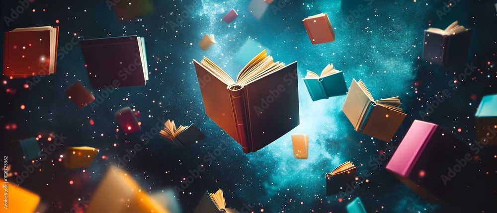 Magical Glowing Books with Colorful Pages Floating in a Starry Cosmic ...