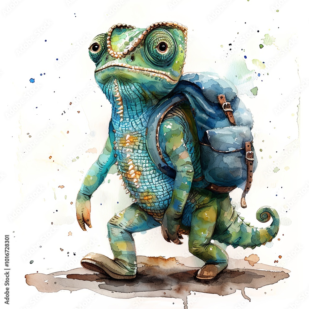 Cartoon character of green lizard or iguana, wearing a big blue ...