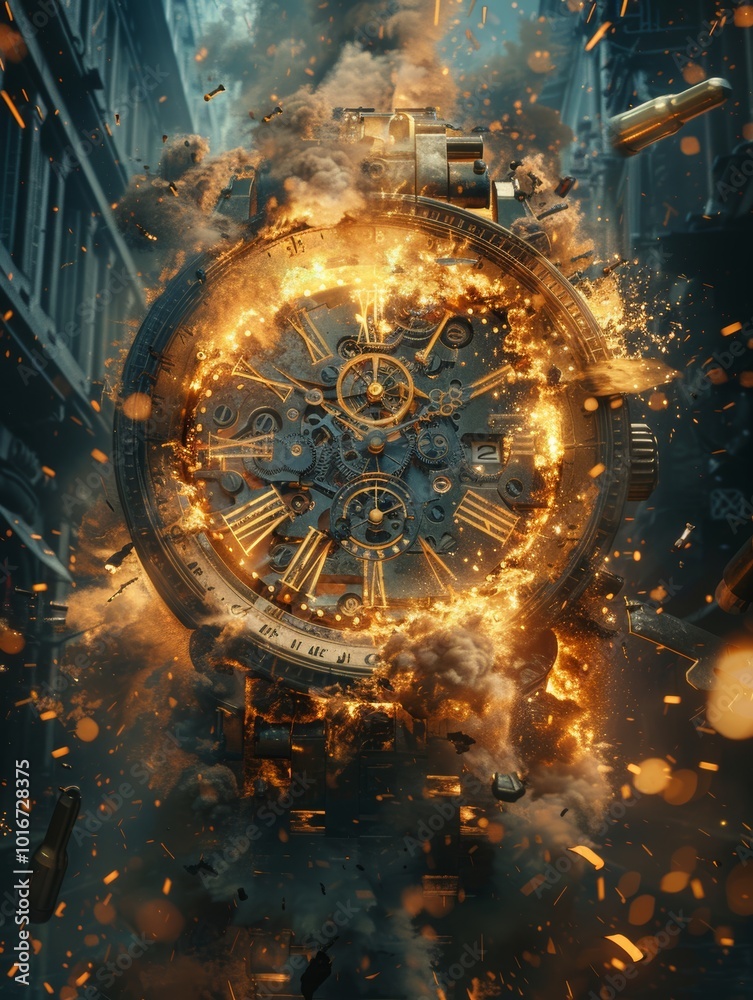 The urgency of time running out is vividly portrayed as the clock explodes, shattering into ...