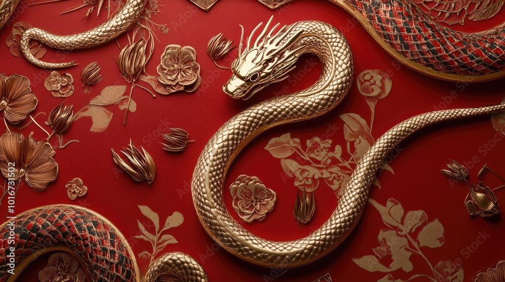 A luxurious red design with a golden snake intertwined with traditional ...