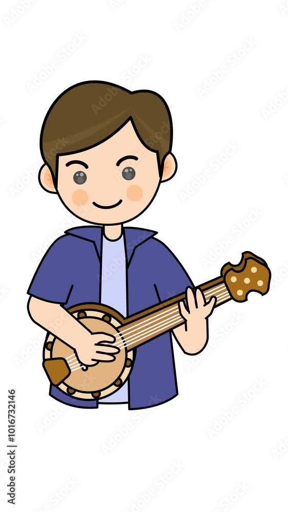 Boy plays banjo cartoon animation. Alpha channel. Suitable for adorable ...