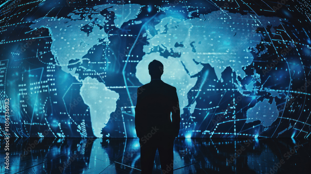 A visionary business leader standing before a digital map of the world ...