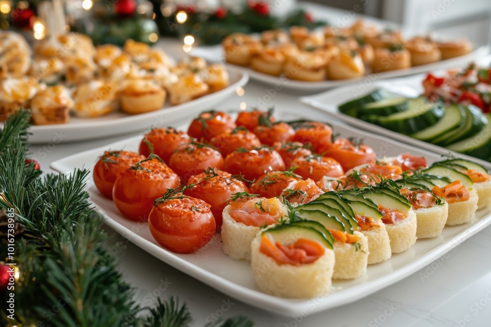 holiday party snacks, fancy holiday hors doeuvres on a white plate in a ...
