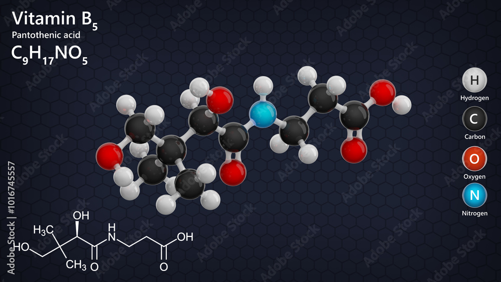 Molecule of Vitamin B5, or pantothenic acid (C9H17NO5), is a vitamin ...