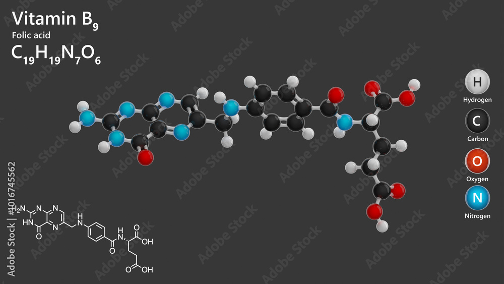 Molecule of Vitamin B9, or folic acid (C19H19N7O6), is a vitamin ...