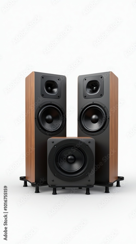 Modern sound system with two speakers and subwoofer on white background ...