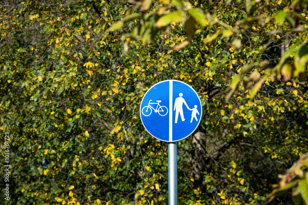Pedestrian and Bicycle Sign on Road - Walk Path and Bike Lane Safety ...