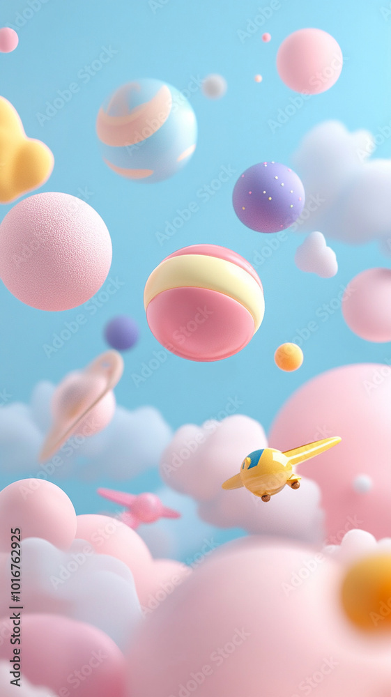 Floating pastel 3D objects in dreamy sky create whimsical atmosphere ...