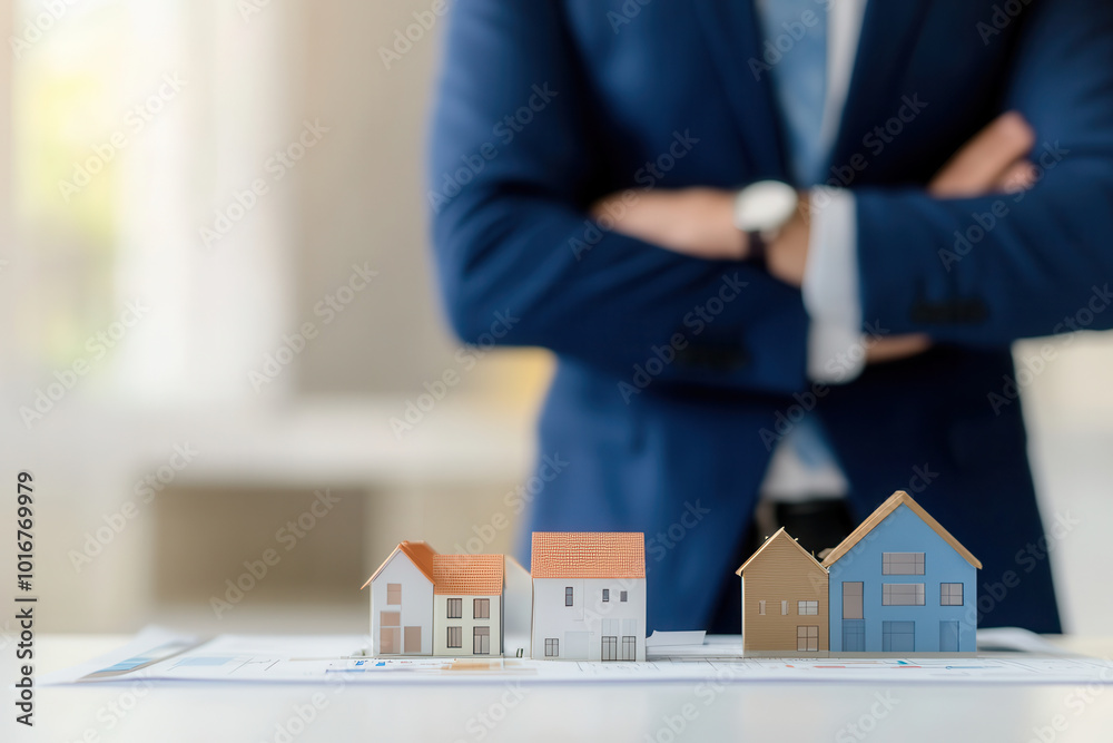 Real estate agent presenting property development plan with model ...
