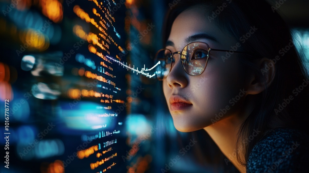 Double exposure Portrait of Asian Female Startup Digital Entrepreneur Working on Computer, Line ...