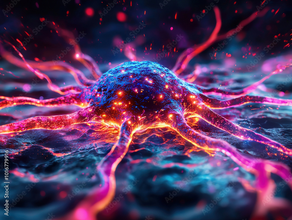 Microscopic view of dendritic cell showcasing vibrant colors and ...