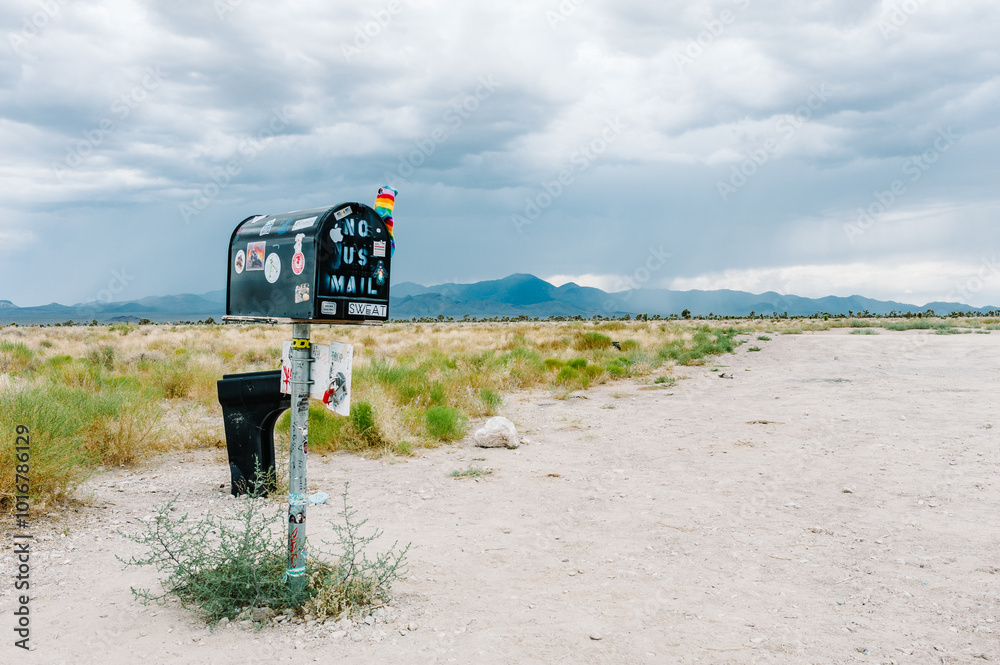 Famous black mailbox marks the road to Area 51 near Rachel, Nevada, USA ...