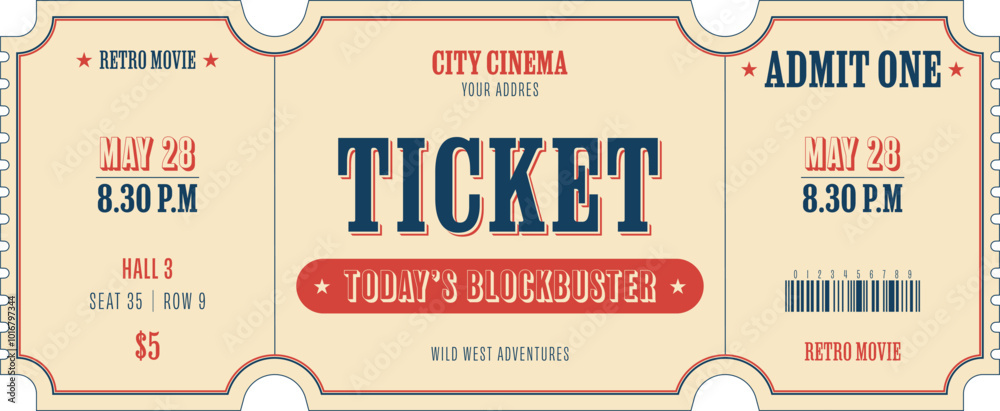 Universal vintage ticket template in dark blue and red on a light beige ...