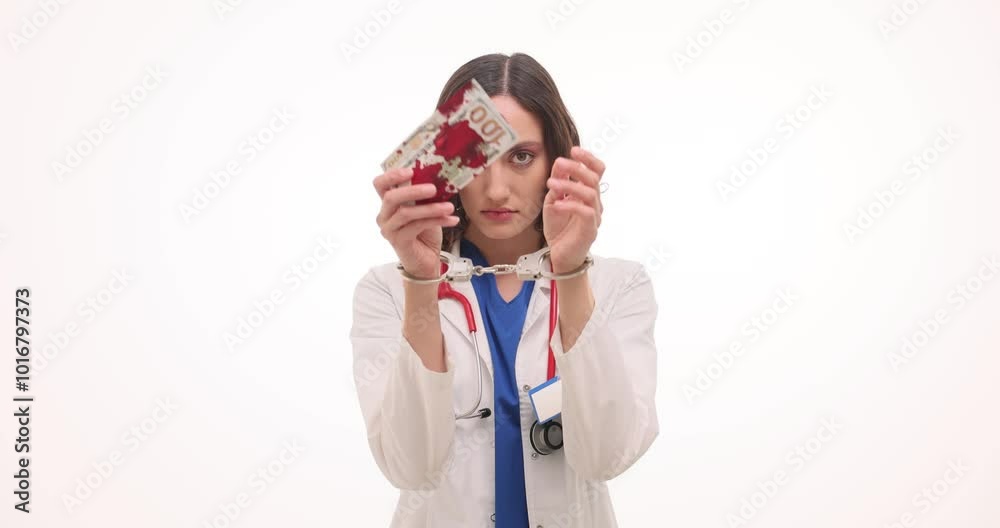 Woman doctor shows hands in handcuffs holding banknote in blood on ...