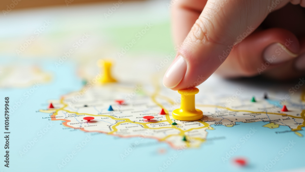 Hand Highlighting Destination with Yellow Marker on Map Full of ...