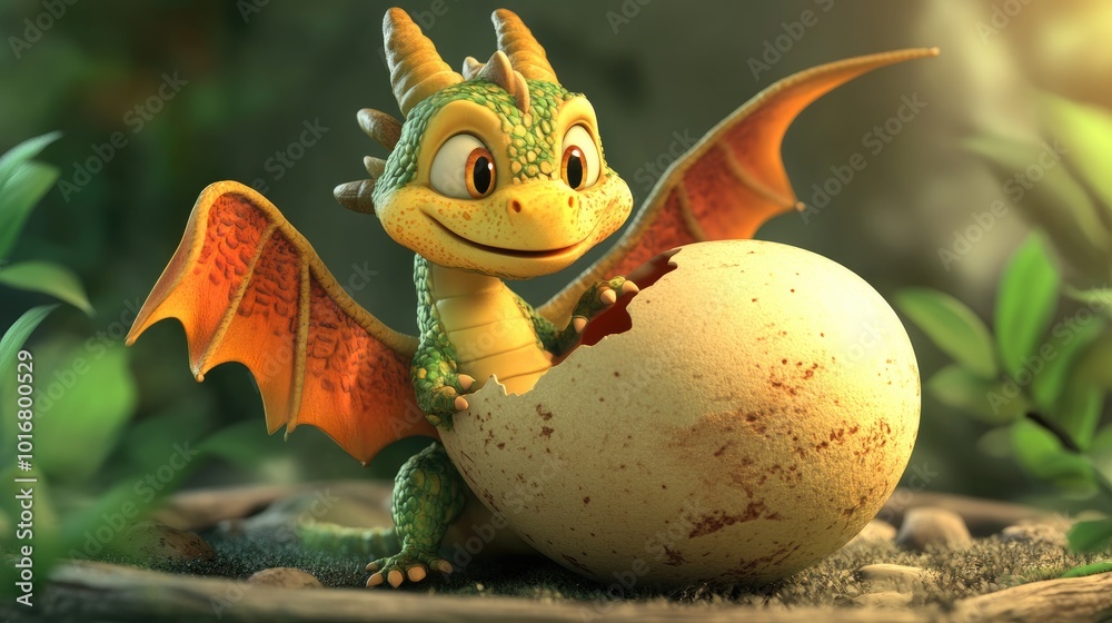 Colorful 3D cartoon dragon hatching from a large egg, with oversized ...