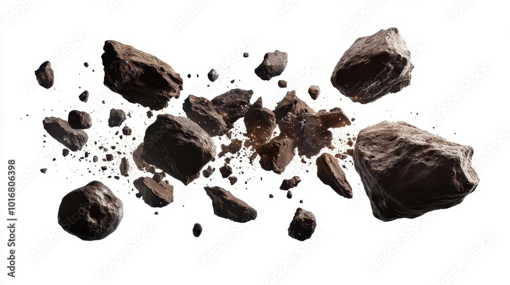dynamic swarm of asteroids captured in a striking illustration isolated on a white background ...