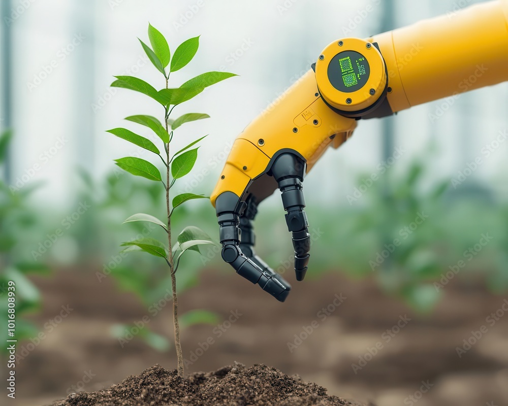 Large robotic arm with soil depth sensors, planting large trees for ...