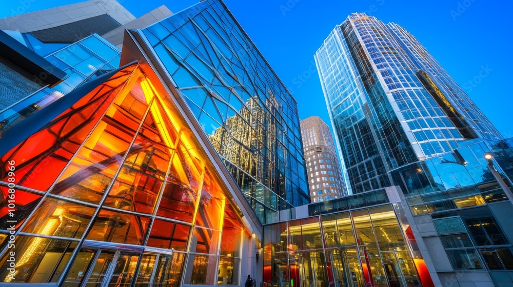From below of entrance of office building next to contemporary high ...