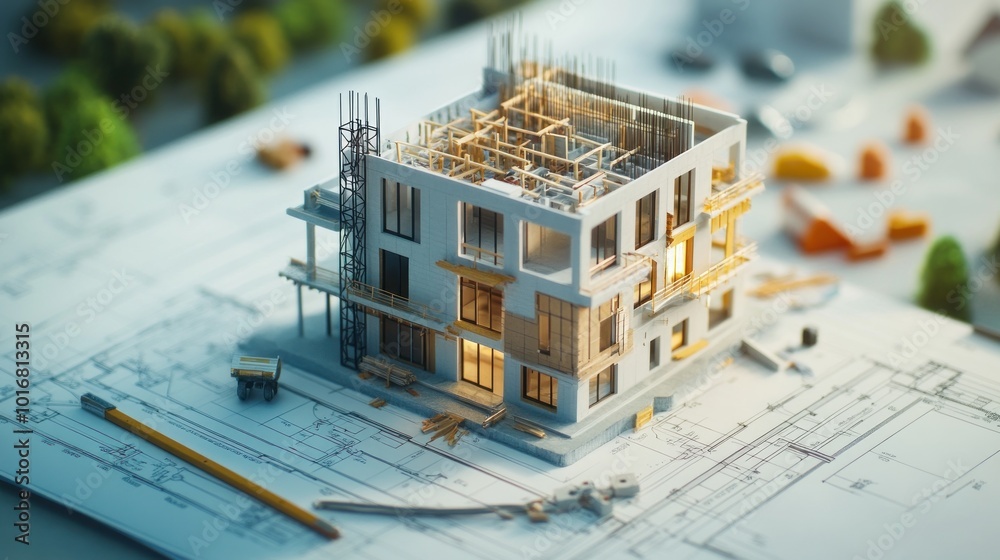 ภาพประกอบสต็อก Model design paper 3D Draft illustration of building ...