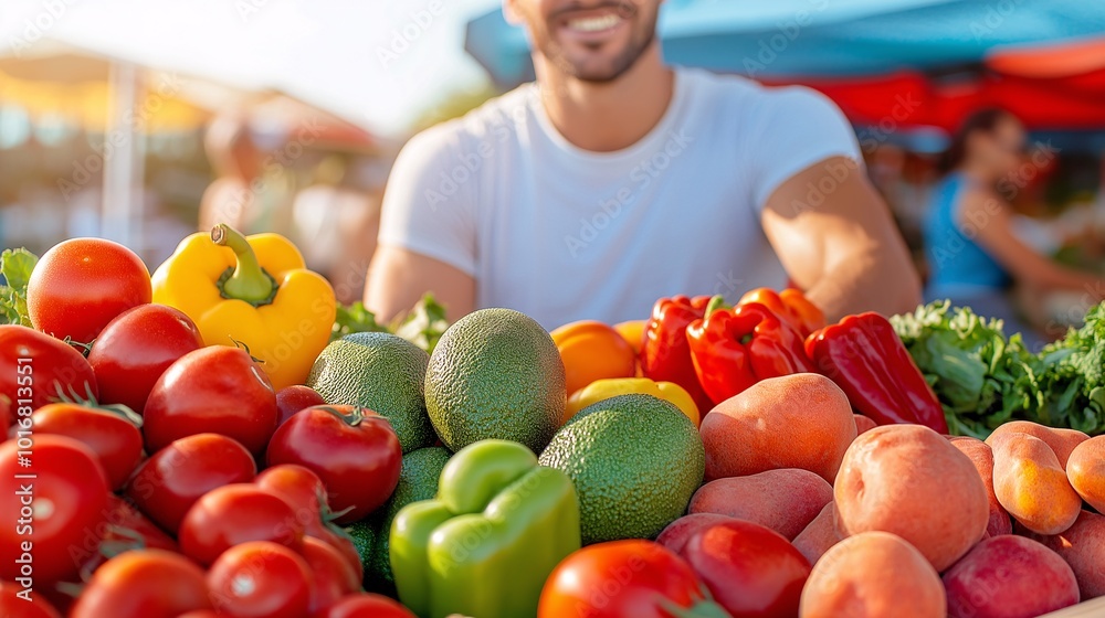 Vibrant farmers market scene with fresh colorful vegetables, promoting ...