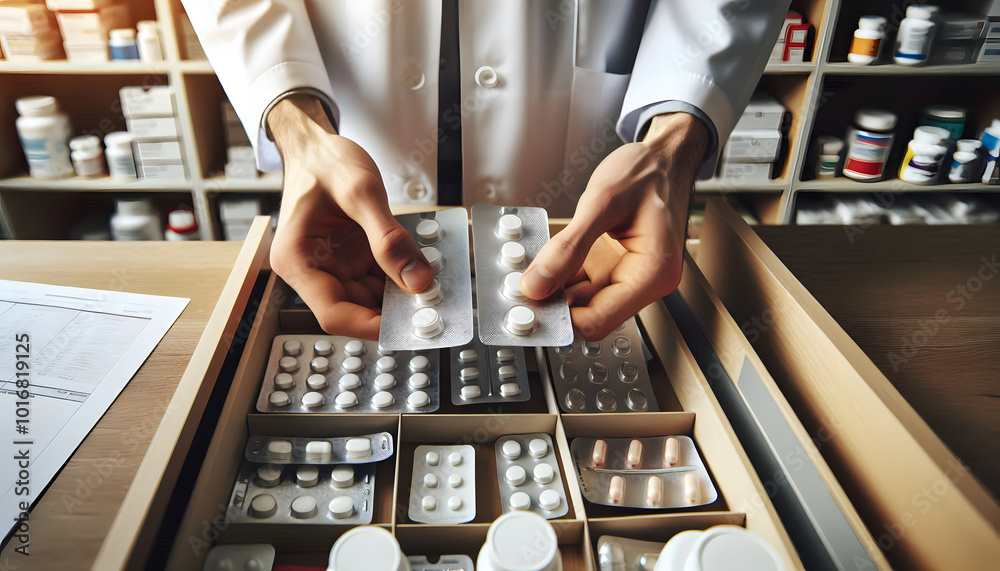 Pharmacist organizing various medication packs in a drawer, ensuring ...