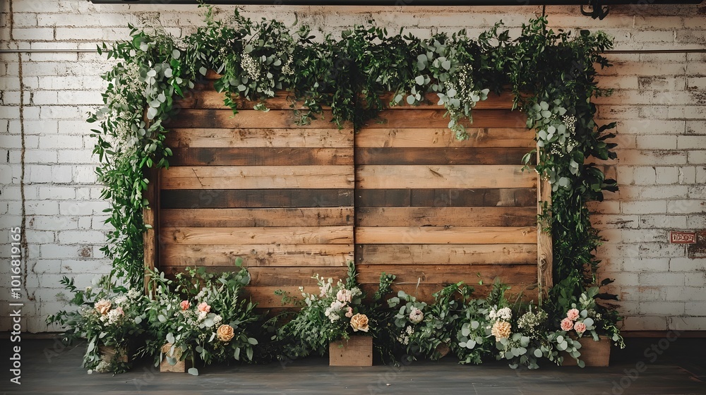 Wooden natural backdrop adorned with verdant greenery delicate floral ...