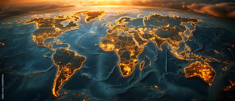 Foto de Glowing digital world map illustrating the impact of climate ...