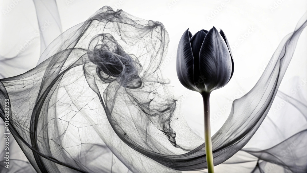 The black tulip is surrounded by swirling black smoke and cobwebs ...