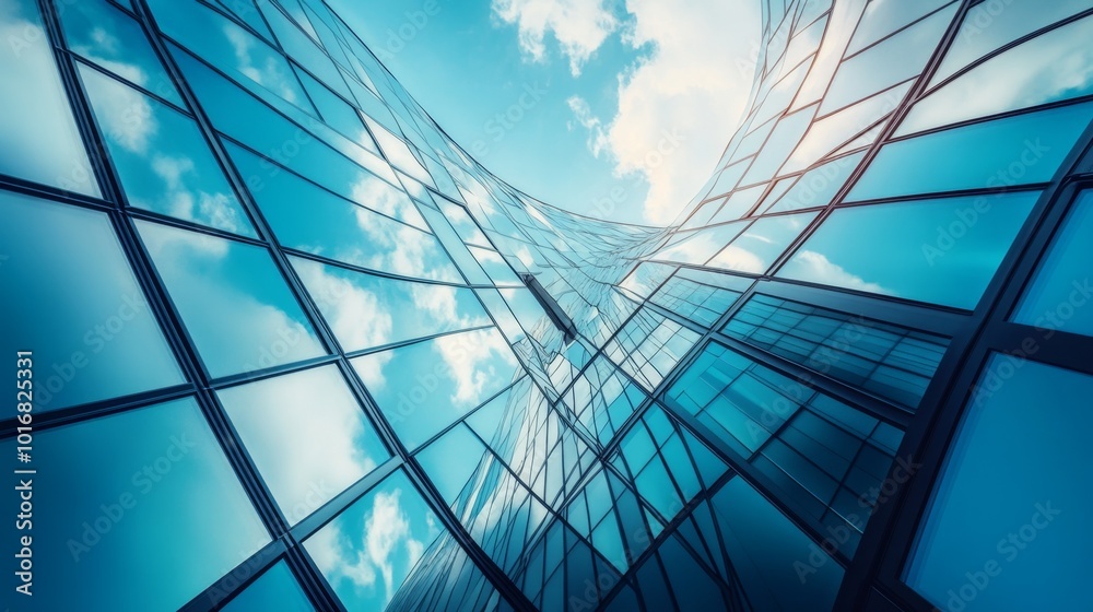 high rise curve glass building and dark steel window system on blue ...