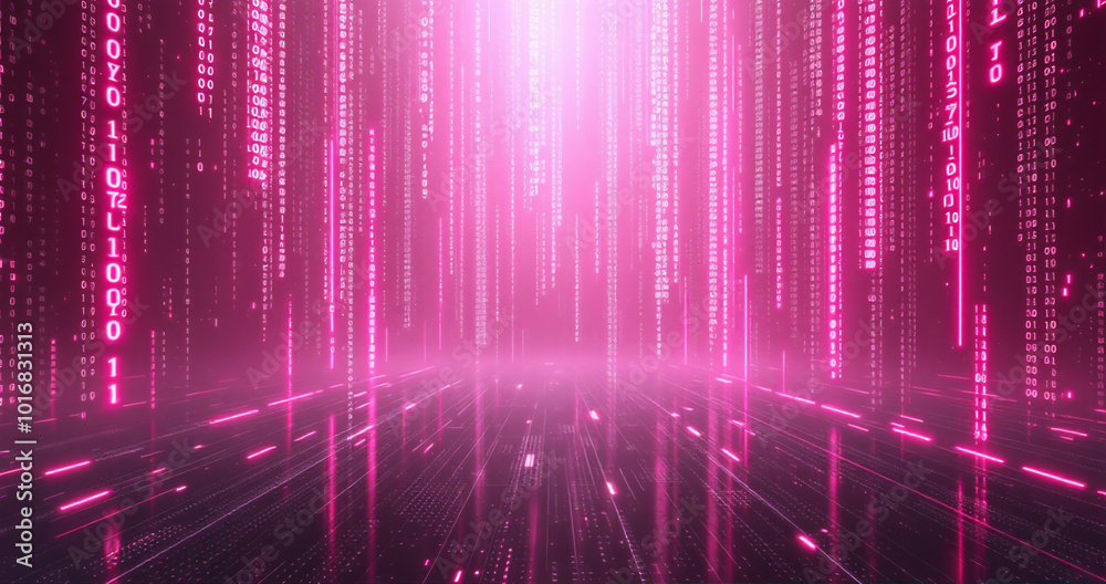 A digital landscape with cascading pink binary code, creating a matrix-like effect. The scene is ...