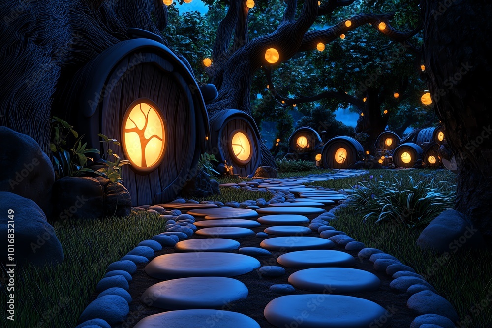 Fantasy landscape where a group of enchanted beings builds a magical ...
