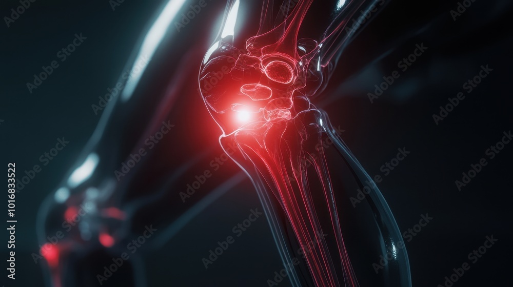 3D rendering of a human knee joint with red highlights indicating pain ...