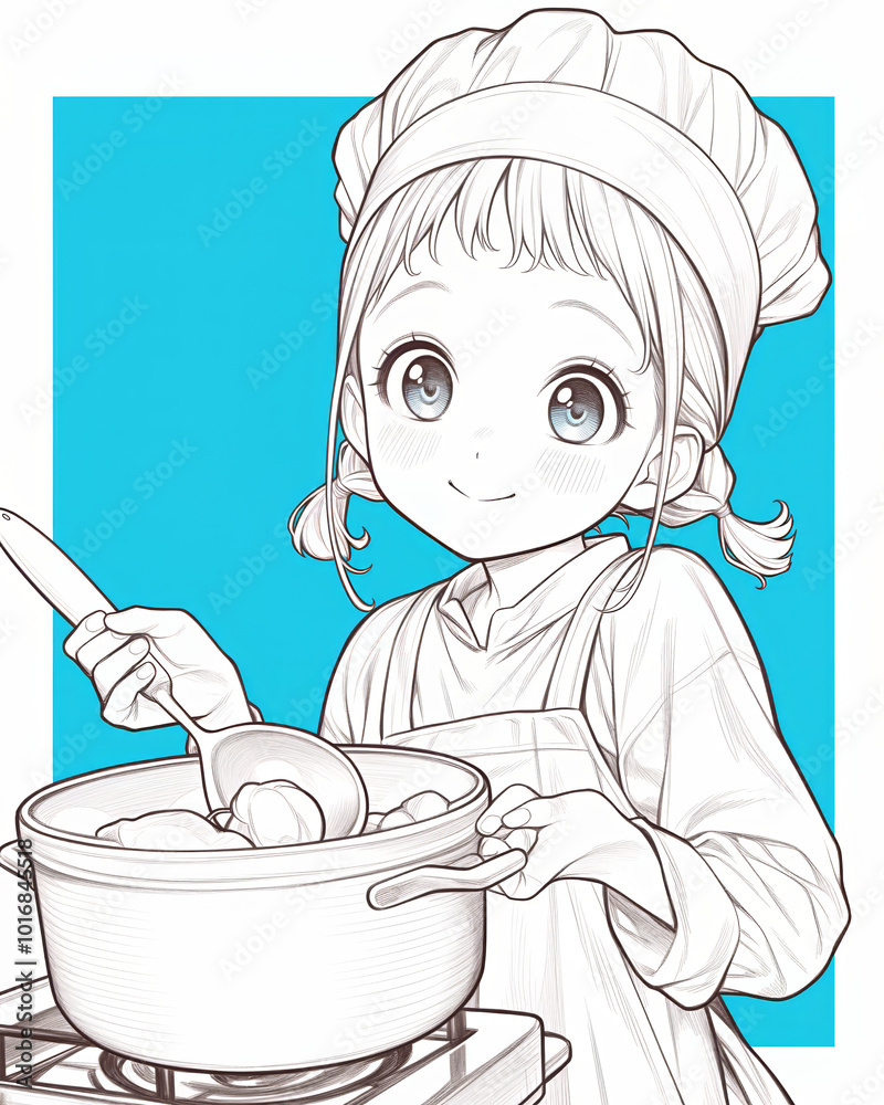 Coloring page for kids, coloring page girl cooking food. Stock ...