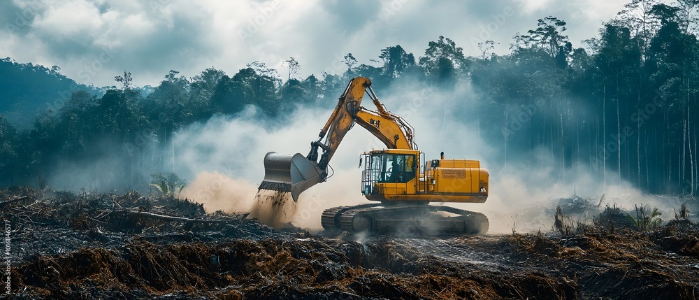 Powerful industrial machines tearing into a lush forest landscape ...