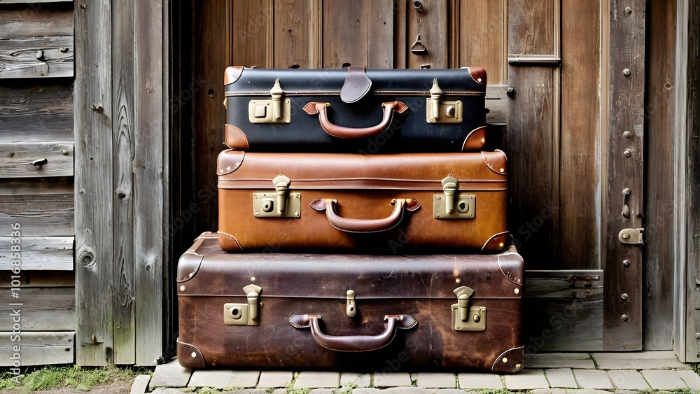 a stack of vintage leather suitcases against a rustic wooden background ...