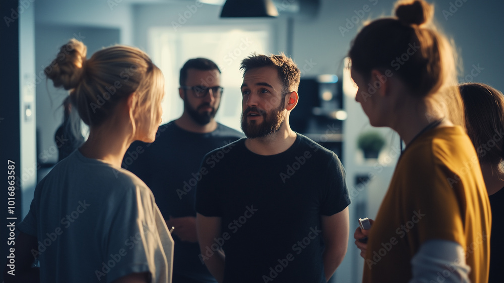 A group of people standing around talking to each other in an office ...