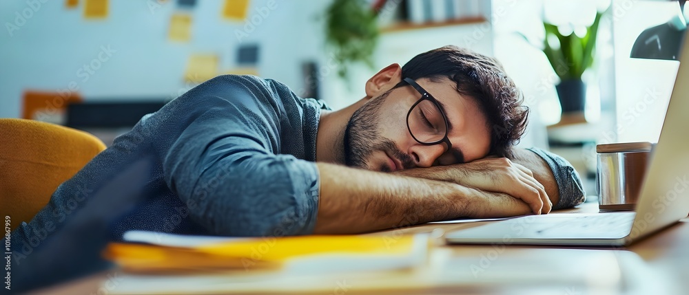 Exhausted office worker sleeping at their desk symbolic of burnout ...
