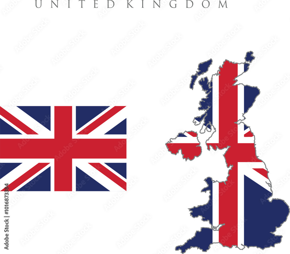 Union jack . flag and map of united kingdom . uk map and flag in white ...