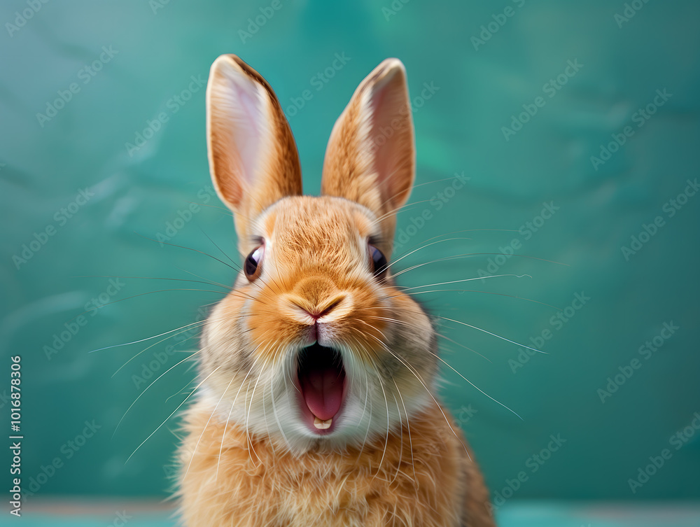 Portrait of a shocked, screaming red rabbit with an open mouth against ...