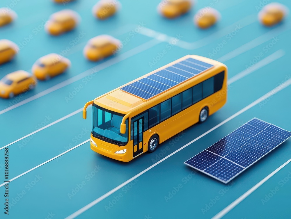 Electric buses powered by solar panels in a futuristic city, Environmental Engineering, clean ...