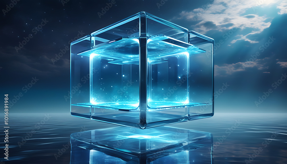 Floating glass cube with sci-fi deep sea starry background, future tech ...