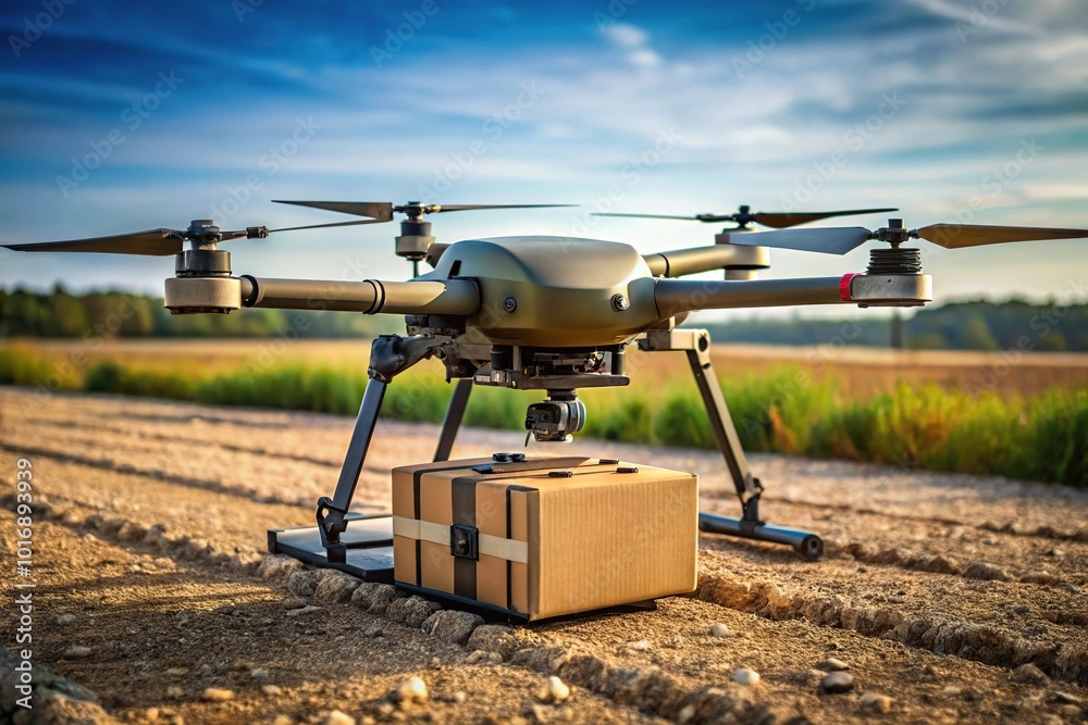 Military drone flying in the sky carrying a large cargo container Stock ...