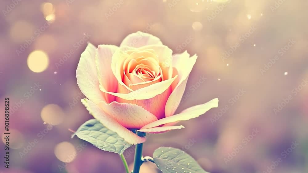 Single pink rose blooms, surrounded by magical sparkling particles. A ...