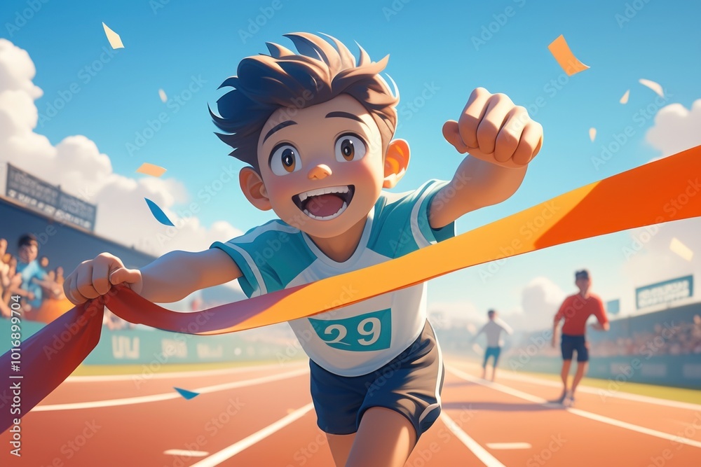 Animated boy wins race crossing finish line in cheerful stadium scene ...