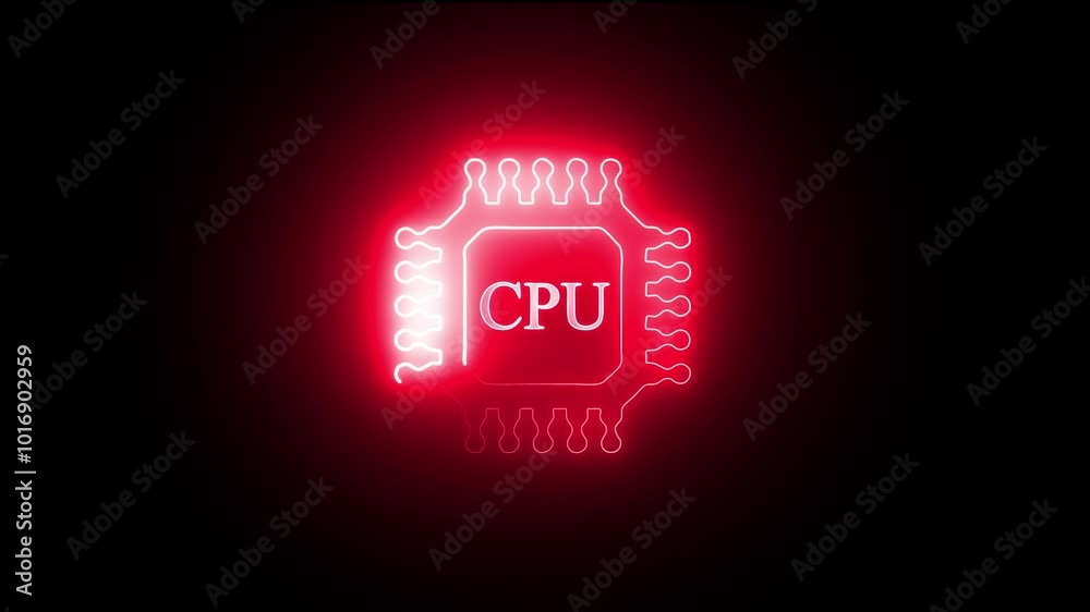 Neon CPU Chip on Motherboard Animated on black Background. computer ...