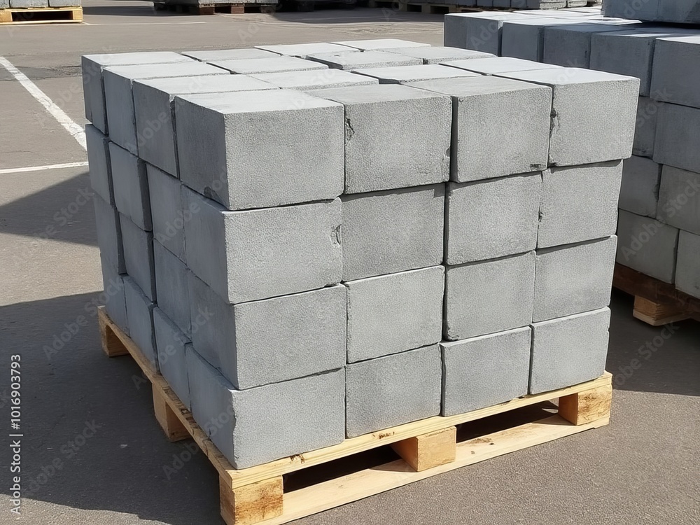 Pallet of stacked concrete blocks on an outdoor construction site ...