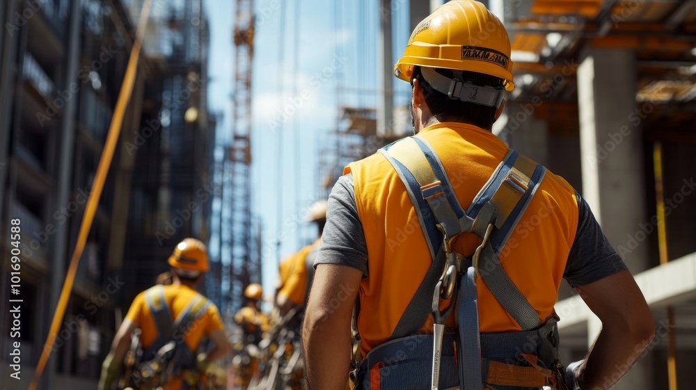Detailed view of construction safety gear in use, including helmets ...