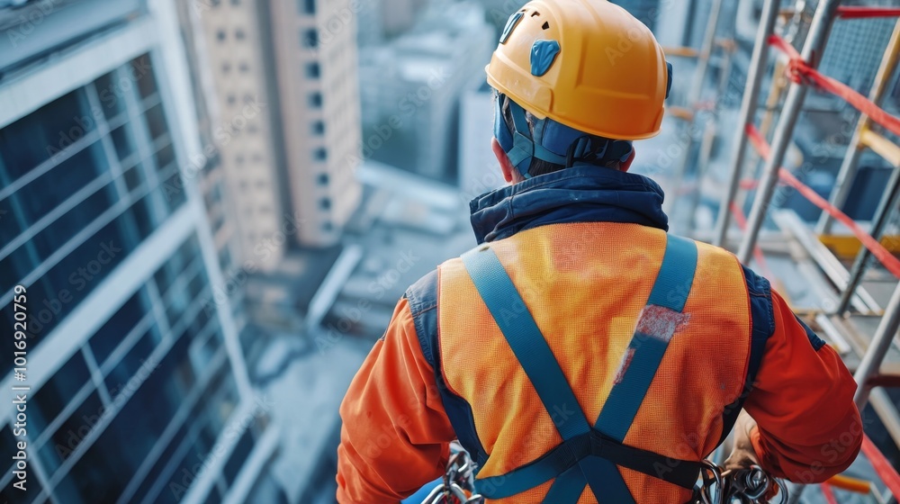 Worker wearing safety harness and helmet, working at height with ...